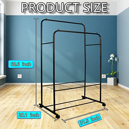 befacai Clothing Garment Rack with Shelves, Upgraded Length Cloth Hanger Rack Stand on Wheels, Clothes Drying Rack with Two Rod (31.5â Black)