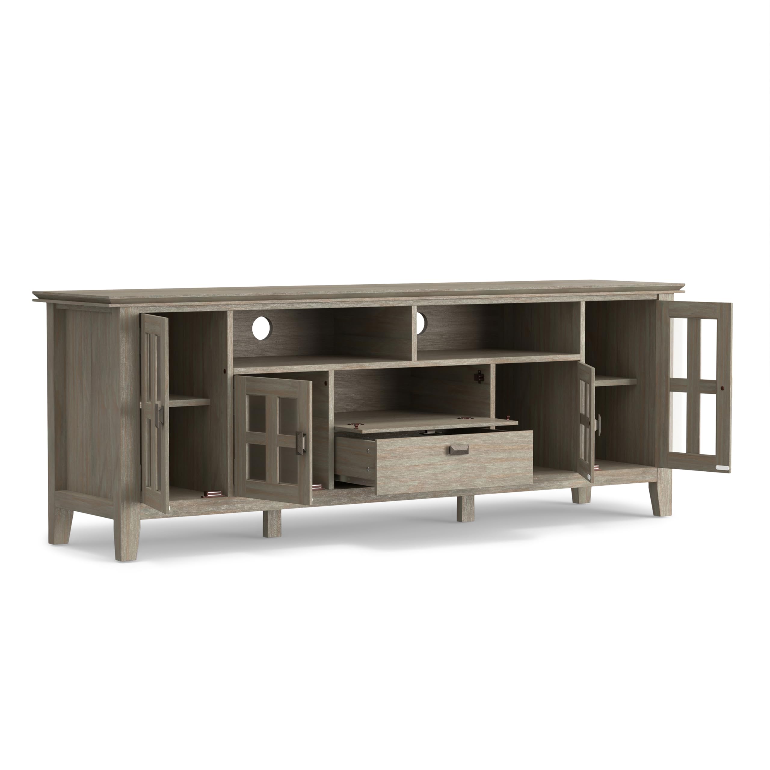 SIMPLIHOME Artisan SOLID WOOD Universal TV Media Stand, 72 inch Wide, Transitional, Living Room Entertainment Center, Storage Cabinet, for Flat Screen TVs up to 80 inches in Distressed Grey