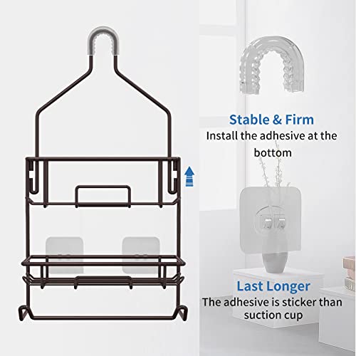 Shower Caddy Hanging over Shower Head Rust Roof Shower Organizer with 10 Hooks for Razor Shampoo Holder Bathroom Shower Rack Storage Shelf with Towel Bar β Bronze