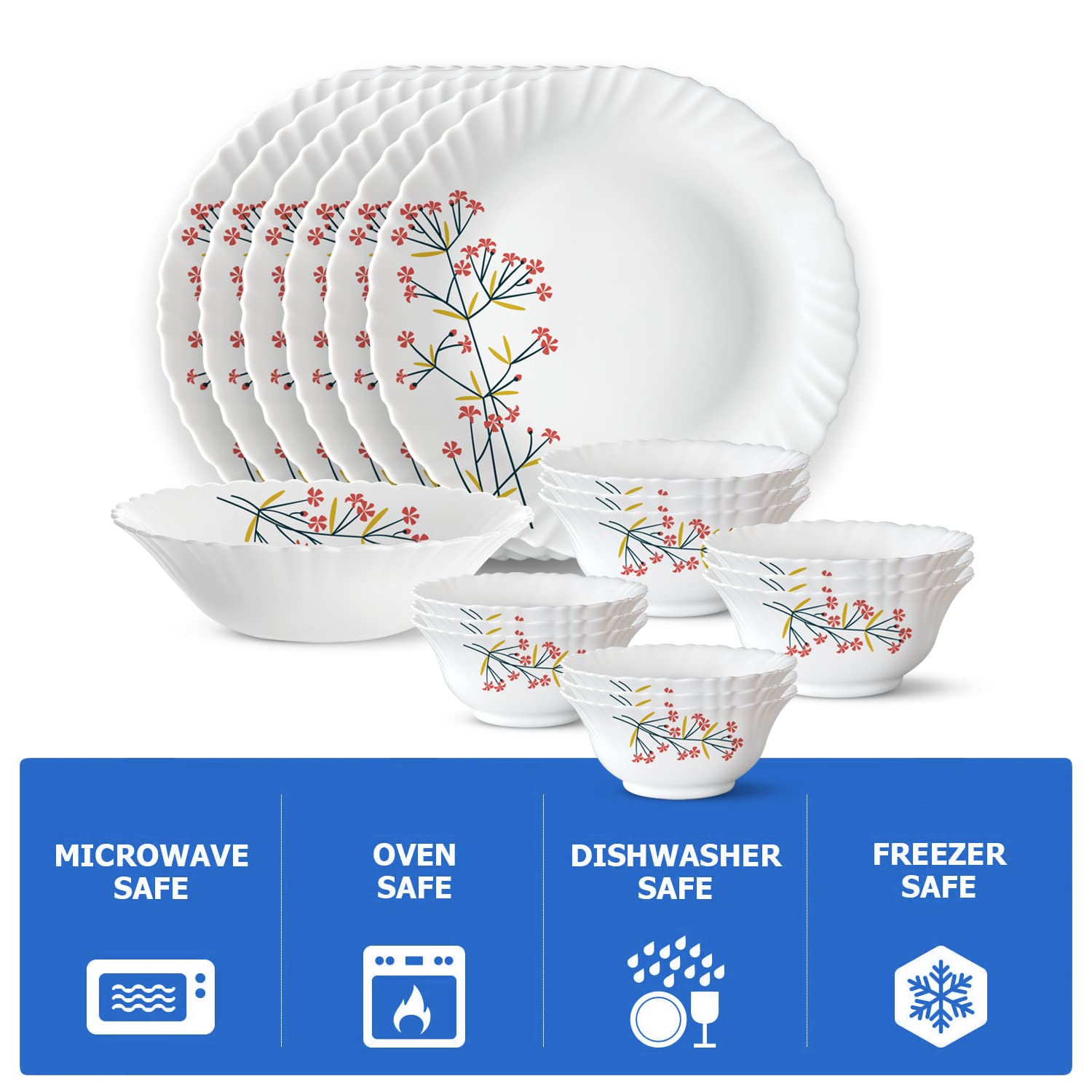 Borosil Gourmet Dinnerware Set For 6, 19 Pieces, White Dinner Plates and Bowls Sets, Chip Resistant Tempered Opal Glass, Stain Resistant, Dishwasher & Microwave Safe Dinner Set For Gifting, Serves 6
