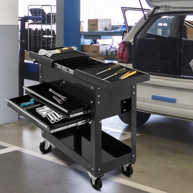 Goplus Tool Cart, 4-Tier Rolling Tool Box Cabinet on Wheels with Lockable Drawers & Sliding Top, Heavy Duty Steel Tool Storage Organizer for Garage Warehouse Workshop, Black