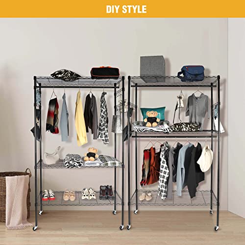 ALUPOM Heavy Duty Rolling Garment Rack, 3-Tier Metal Clothing Rack Closet Organizer with Loackable Wheels,2 Rods and 2 Pair Side hooks,Loading 400 lbs