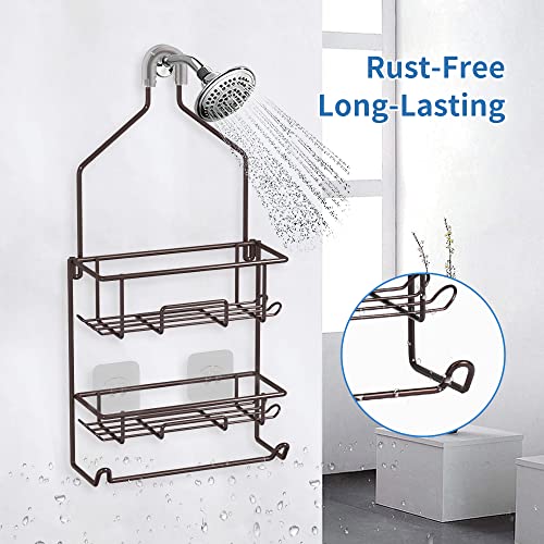 Shower Caddy Hanging over Shower Head Rust Roof Shower Organizer with 10 Hooks for Razor Shampoo Holder Bathroom Shower Rack Storage Shelf with Towel Bar β Bronze