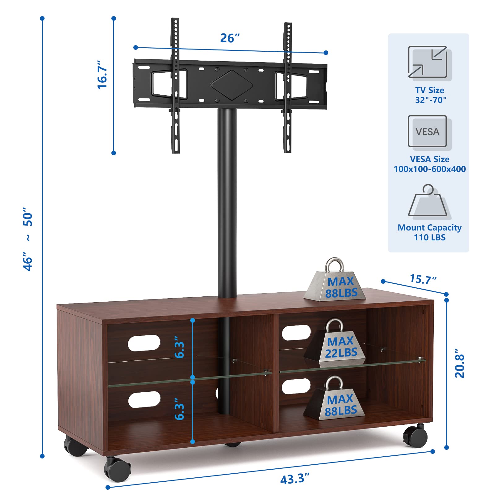 Rfiver Swivel Wood TV Stand on Wheels with Mount for 32-70 Inch Flat Screen TVs, Rolling Entertainment Center with 4-Shelf Storage for Media Console, Universal Floor TV Stand Cabinet for Home, Walnut