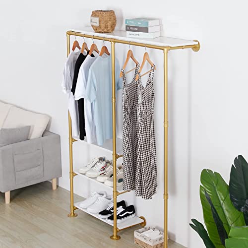 WJJAYY Wall Mounted Industrial Pipe Clothing Rack Wood Garment Rack Hanging Clothes Rack Multi-purpose Heavy Duty Hanging Rod,Steampunk Clothes Rack Retail (64 x49 inch,Gold)