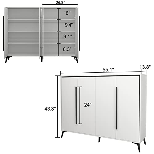 AGOTENI Shoe Cabinet with 4 Doors & 4 Tier Shelves for Entryway, Modern Shoe Storage Cabinet, Freestanding Shoe Rack Storage Organizer (55.1”W x 13.8”D x 37.4”H)