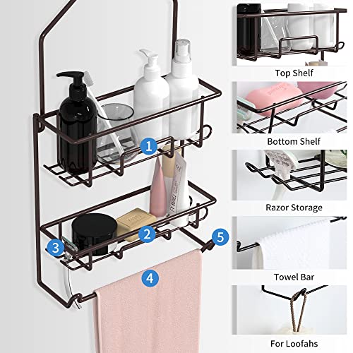 Shower Caddy Hanging over Shower Head Rust Roof Shower Organizer with 10 Hooks for Razor Shampoo Holder Bathroom Shower Rack Storage Shelf with Towel Bar β Bronze