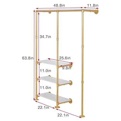 WJJAYY Wall Mounted Industrial Pipe Clothing Rack Wood Garment Rack Hanging Clothes Rack Multi-purpose Heavy Duty Hanging Rod,Steampunk Clothes Rack Retail (64 x49 inch,Gold)