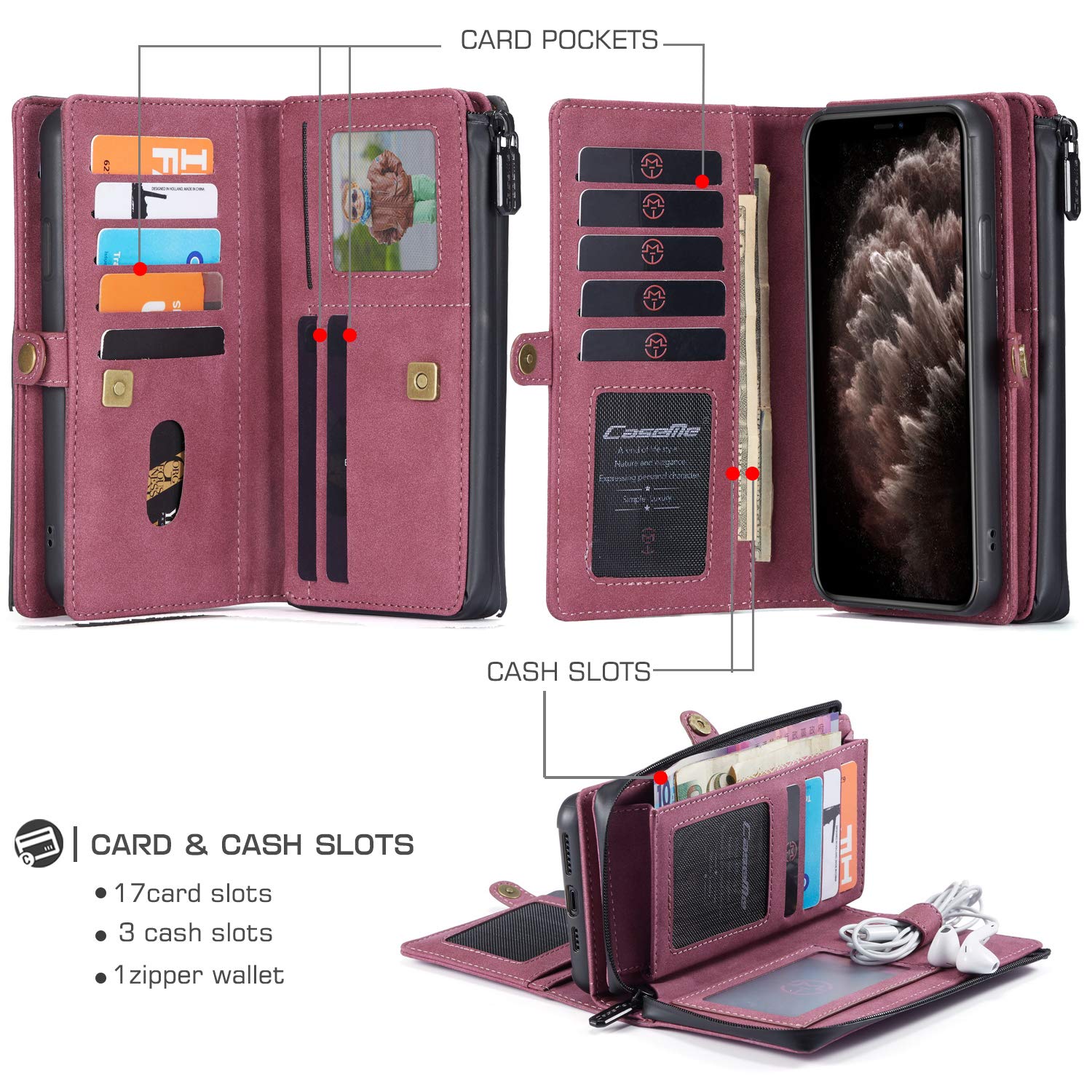 XRPow iPhone 11 Pro Wallet Case, iPhone 11 Pro Case, [2 in 1 Detachable Magnetic] [Vegan Leather] Folio Card Pocket Clutch Case for iPhone 11 Pro (5.8Inch) Slim Shock Protection Flip Cover - Red