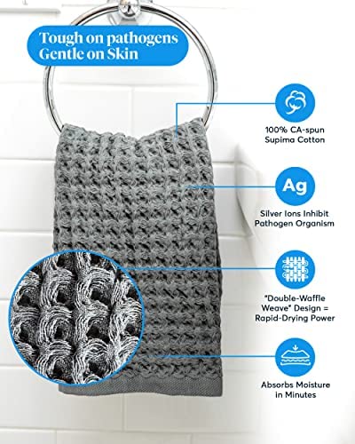 SUTERA - Silverthread Waffle Towel California - Grown Pima Cotton, Quick Drying, Ultra Soft, Lightweight and Absorbent - Waffle Weave Design - Luxury Towel (Hand, Grey) 16"x30"