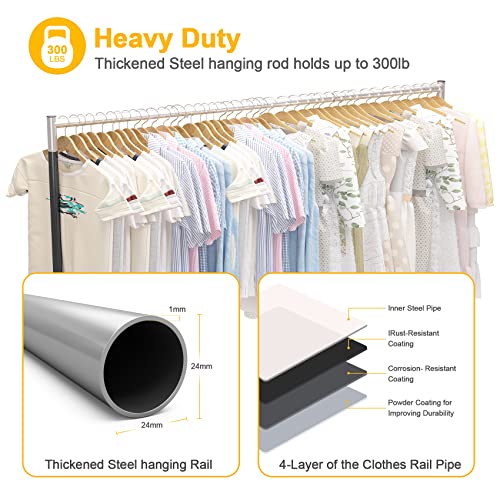 Mr IRONSTONE Long Clothes Rack, Heavy Duty Clothing Rack with X Base, Garment Rack on Wheels with Brakes, Commercial Clothes Racks for Hanging Clothes, Rolling Clothes Rack with Storage Shelf