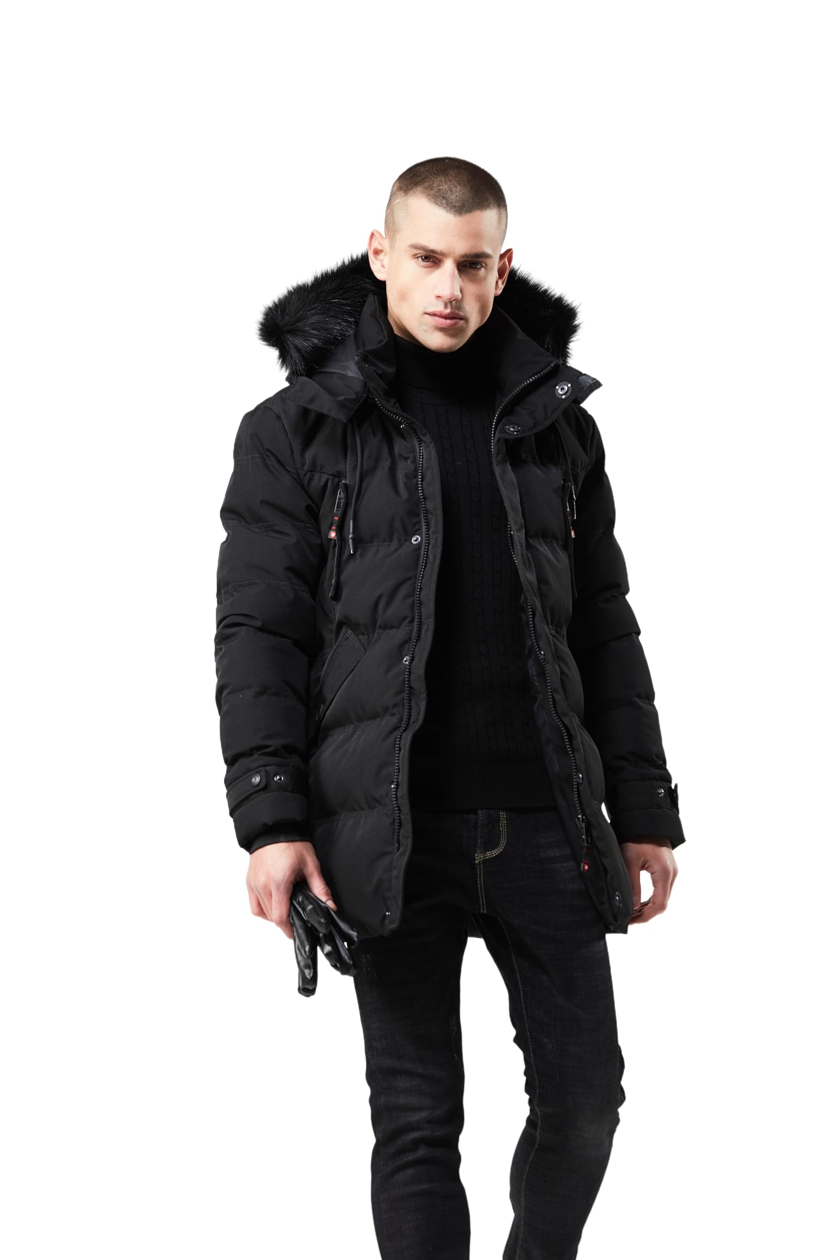 WEEN CHARM Men's Warm Parka Ski Jacket Water Resistant Puffer Jacket Long Winter Coat with Detachable Hood Faux-Fur Trim