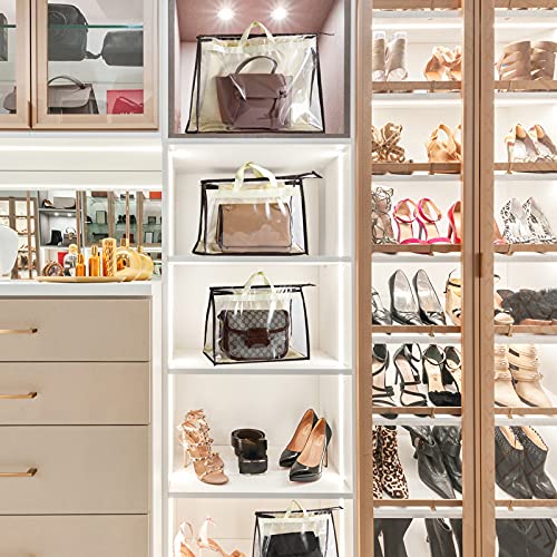 MYKASEN 5Sizes Handbag Storage Organizer Dust Cover Bag, Clear Handbag Purse Protector Storage Bag with Sturdy Handles Zippers 5Pcs Purse Hanger Anti-dust Waterproof for Hanging Closet Shelf (Beige2)