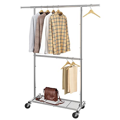 Ekisemio Standard Rolling Clothing Garment Rack, Rolling Clothes Organizer with Wheels and Bottom Shelves, Extendable, Chrome