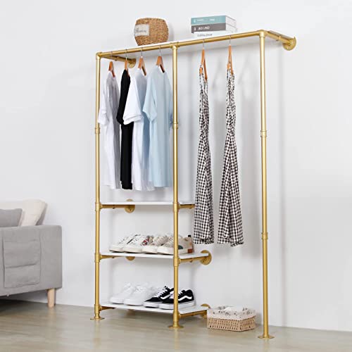 WJJAYY Wall Mounted Industrial Pipe Clothing Rack Wood Garment Rack Hanging Clothes Rack Multi-purpose Heavy Duty Hanging Rod,Steampunk Clothes Rack Retail (64 x49 inch,Gold)
