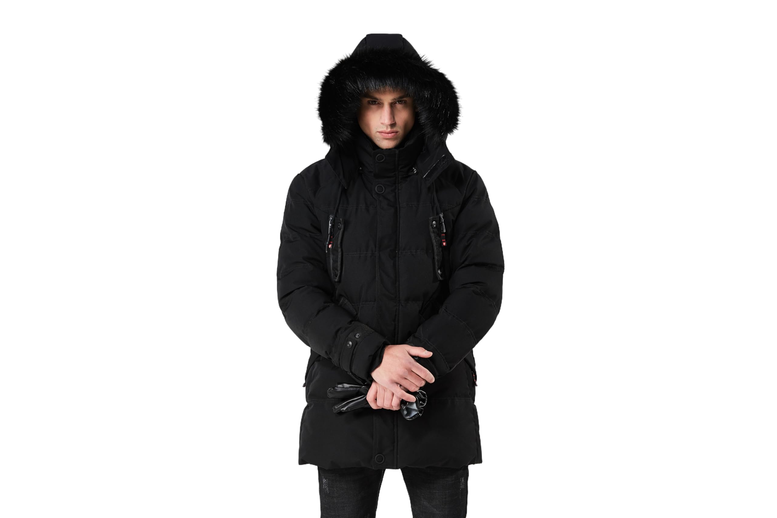 WEEN CHARM Men's Warm Parka Ski Jacket Water Resistant Puffer Jacket Long Winter Coat with Detachable Hood Faux-Fur Trim