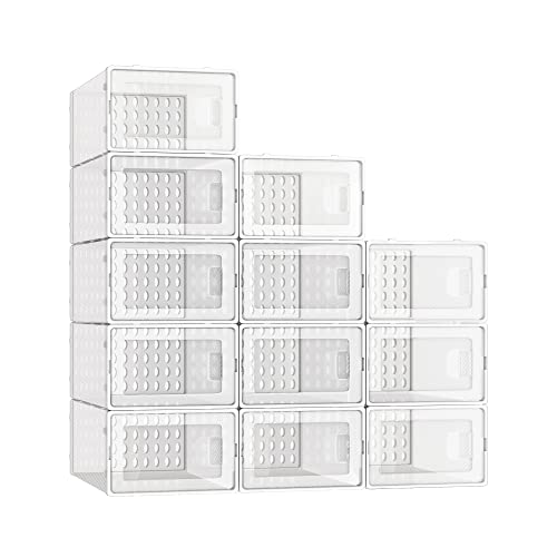 Fixwal 12 Pack Shoe Storage Box Shoe Organizer Boxes Clear Stackable Plastic Shoe Boxes with Lids, Shoe Organizer for Closet Sneaker Storage Bins Holders, Shoe Display Case （13×9.5×6.2 Inch）