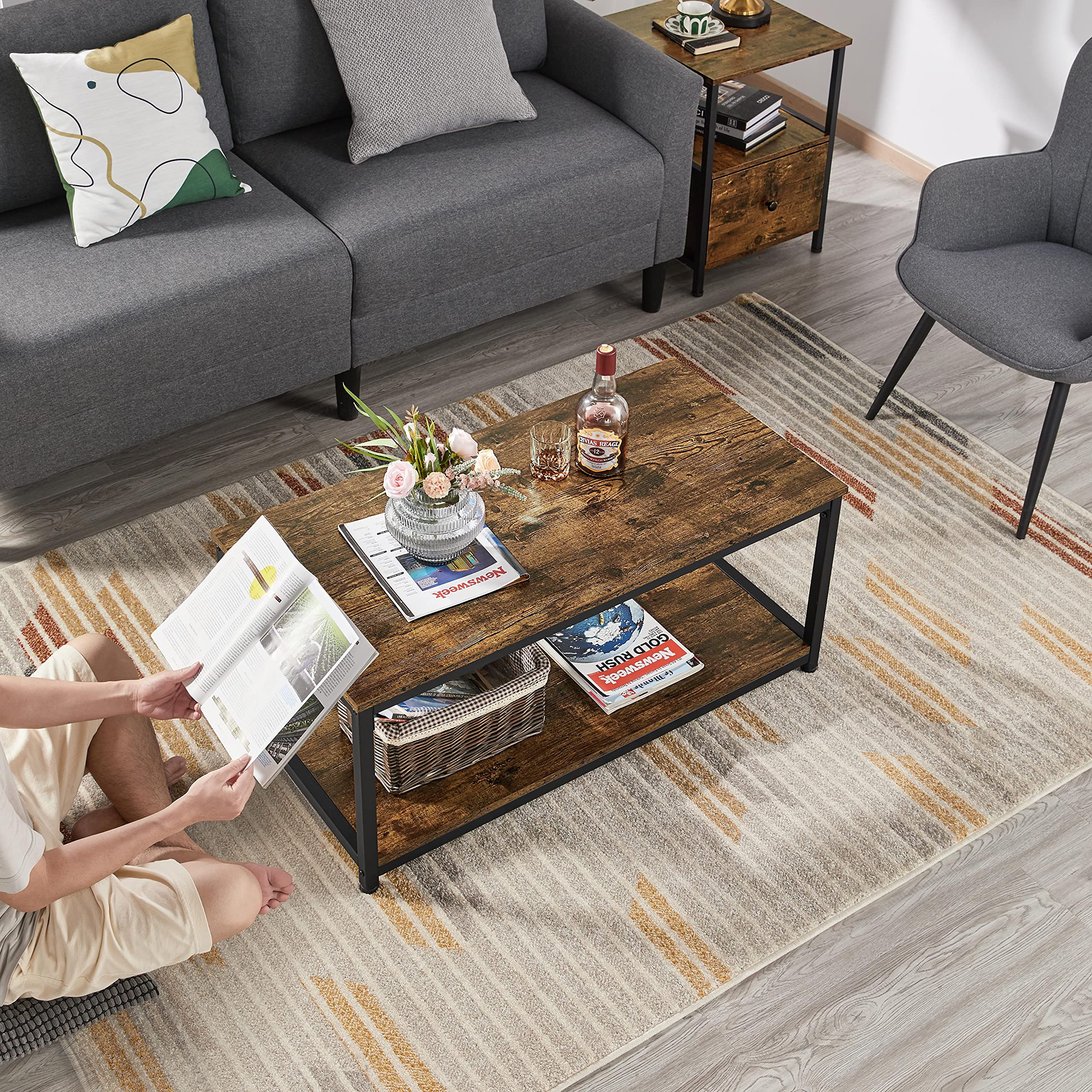 Yaheetech 2-Tier Coffee Table, Industrial Wood Coffee Table with Storage Shelf for Living Room, Rectangle Side End Table with Metal Frame, Rustic Brown