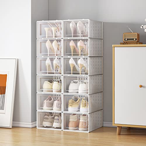 Fixwal 12 Pack Shoe Storage Box Shoe Organizer Boxes Clear Stackable Plastic Shoe Boxes with Lids, Shoe Organizer for Closet Sneaker Storage Bins Holders, Shoe Display Case (13×9.5×6.2 Inch)