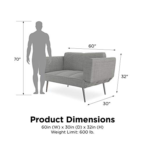 Novogratz Leyla Loveseat with Magazine Storage, Adjustable Sofa Bed Armrests to Convert into a Couch Sleeper, Light Gray Futon