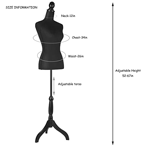 Female Dress Form Mannequin Body Torso Stand with Adjustable Height Stand Dress Form for Display or Decoration, Black