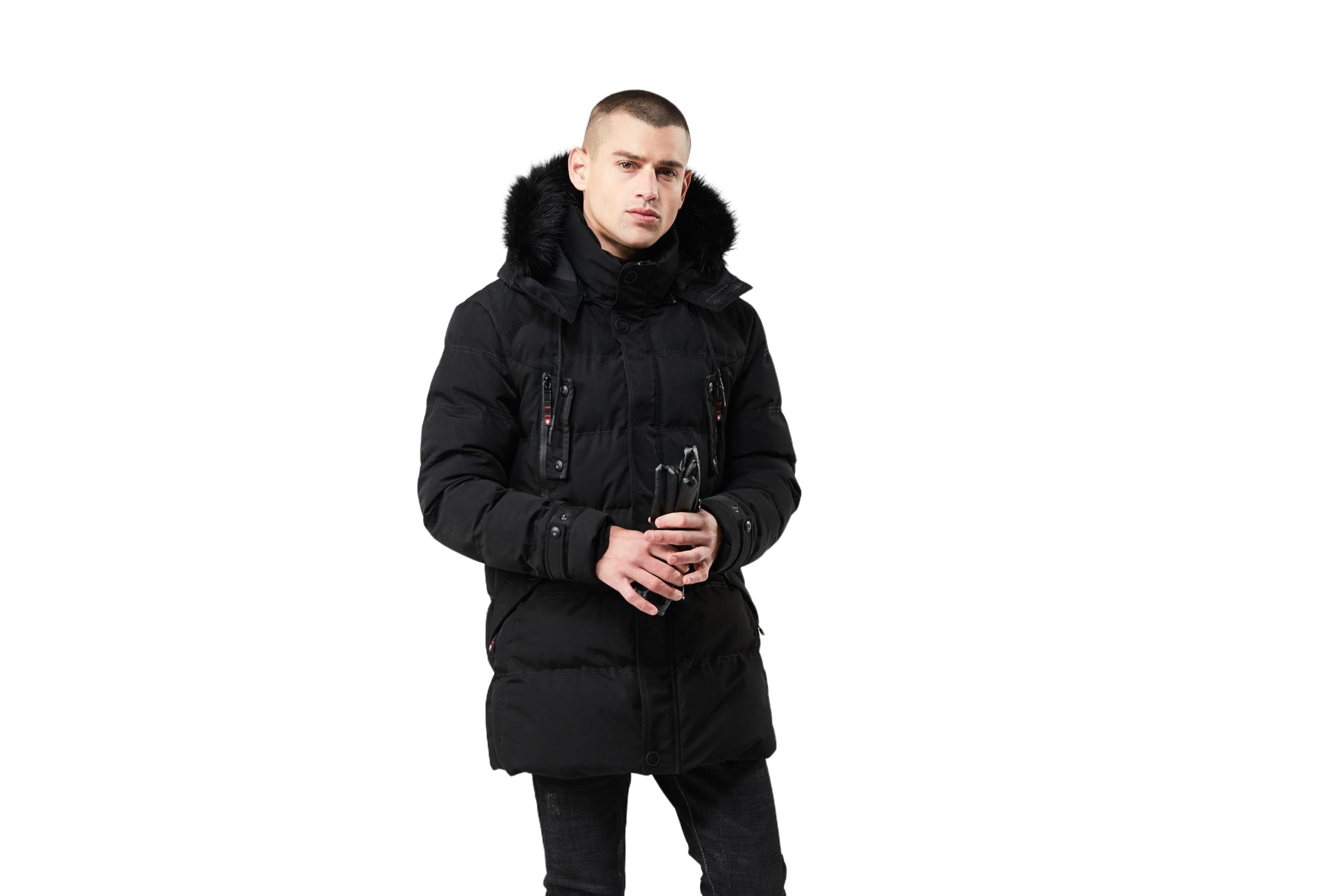 WEEN CHARM Men's Warm Parka Ski Jacket Water Resistant Puffer Jacket Long Winter Coat with Detachable Hood Faux-Fur Trim