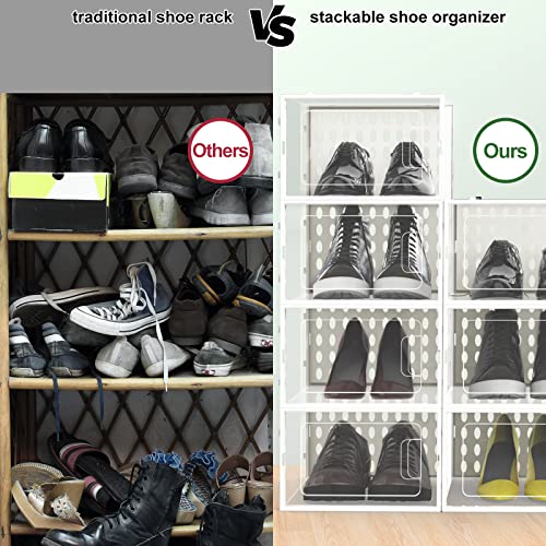Fixwal 12 Pack Shoe Storage Box Shoe Organizer Boxes Clear Stackable Plastic Shoe Boxes with Lids, Shoe Organizer for Closet Sneaker Storage Bins Holders, Shoe Display Case (13×9.5×6.2 Inch)