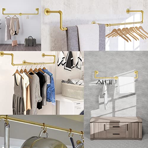 Industrial Pipe Clothing Rack, Wall Mounted Clothes Rack, Industrial Clothing Rack, Pipe Clothing Rack, Closet Rods for Hanging Clothes, 100% Galvanized Steel (39 in, Gold)