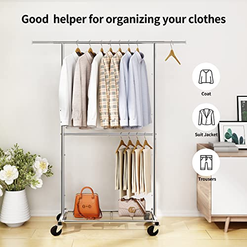 Ekisemio Standard Rolling Clothing Garment Rack, Rolling Clothes Organizer with Wheels and Bottom Shelves, Extendable, Chrome