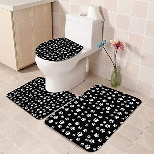 3 Pieces Bath Rugs Sets Cute Cat and Dog Footprint Paws Soft Non-Slip Absorbent Toilet Seat Cover U-Shaped Toilet Mat for Bathroom Decor Black and White