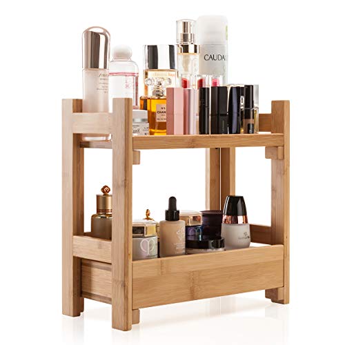 GOBAM Bathroom Counter Organizer Shelf Cosmetic and Vanity Perfume Organizer Shelf with Drawer, Easily Assembled Suitable for Mom or Wife, Bamboo