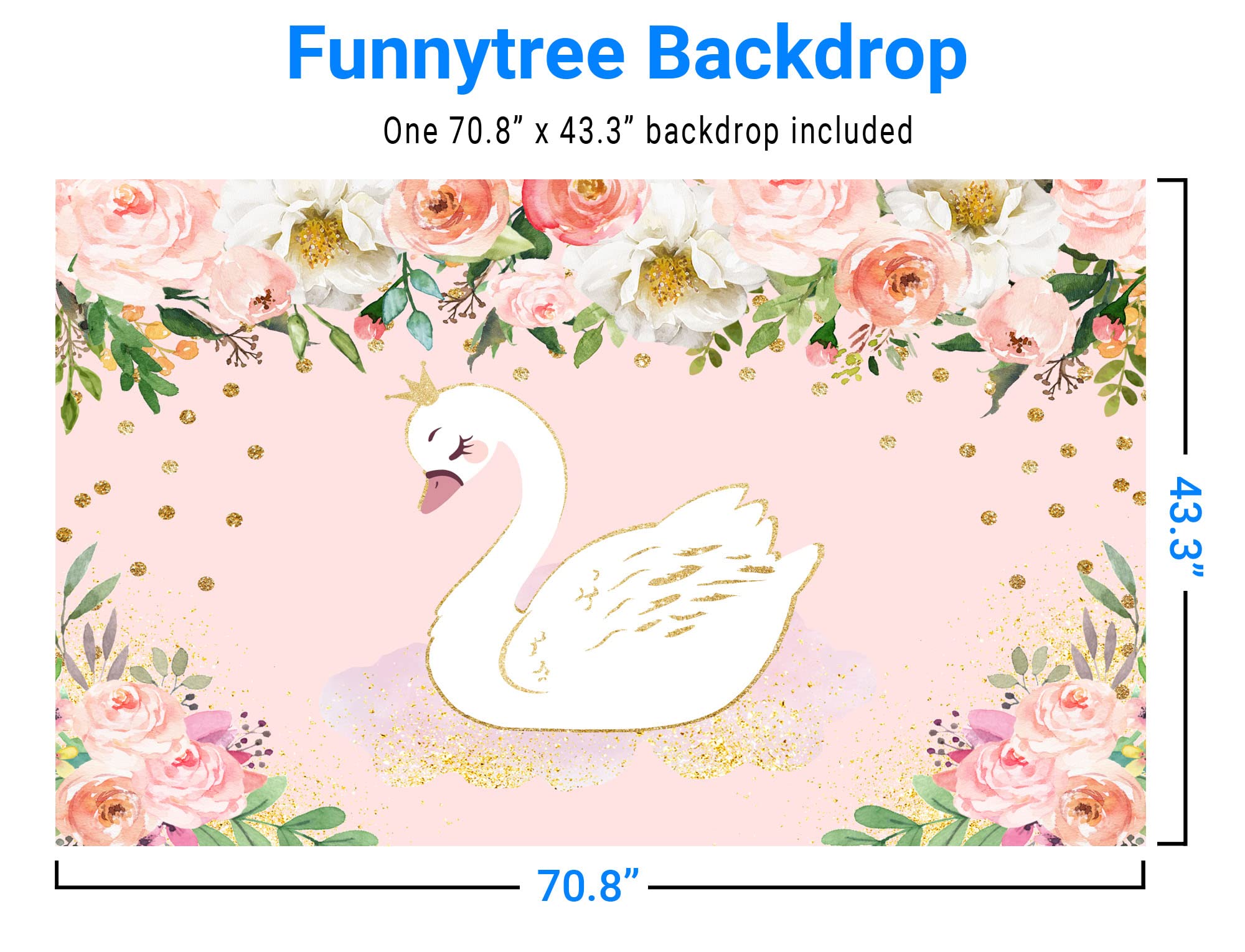 Funnytree White Swan Photography Backdrop for Birthday Baby Shower Party Decoration Pink Floral Gold Crown Background Photo Booth