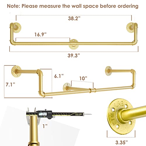 Industrial Pipe Clothing Rack, Wall Mounted Clothes Rack, Industrial Clothing Rack, Pipe Clothing Rack, Closet Rods for Hanging Clothes, 100% Galvanized Steel (39 in, Gold)