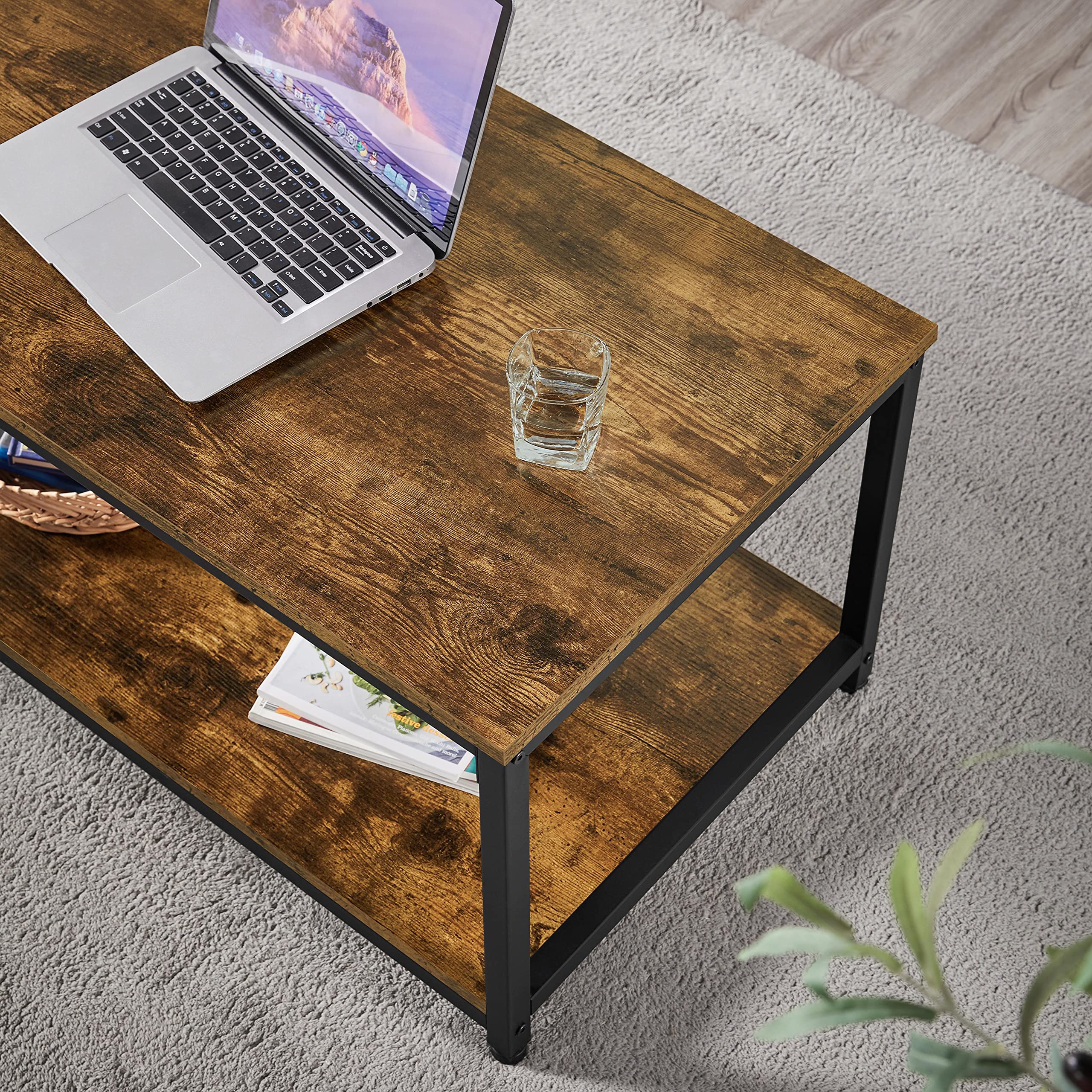 Yaheetech 2-Tier Coffee Table, Industrial Wood Coffee Table with Storage Shelf for Living Room, Rectangle Side End Table with Metal Frame, Rustic Brown