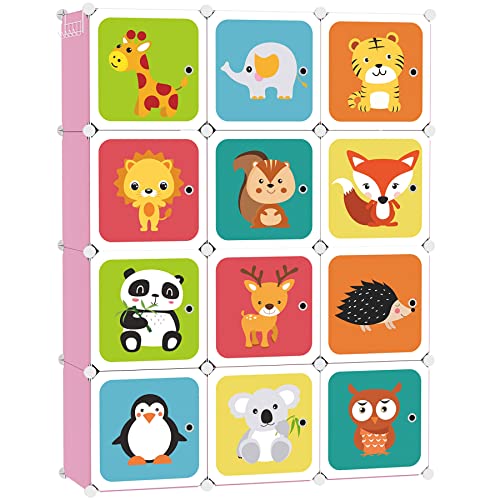 C&AHOME Kids Toy Cartoon Cube Storage Organizer with Doors, 12-Cube Shelves, Closet Cabinet, DIY Plastic Modular Bookshelf Ideal for Bedroom, Living Room, 42”L x 14”W x 56”H Pink UPCS3512P-DOOR