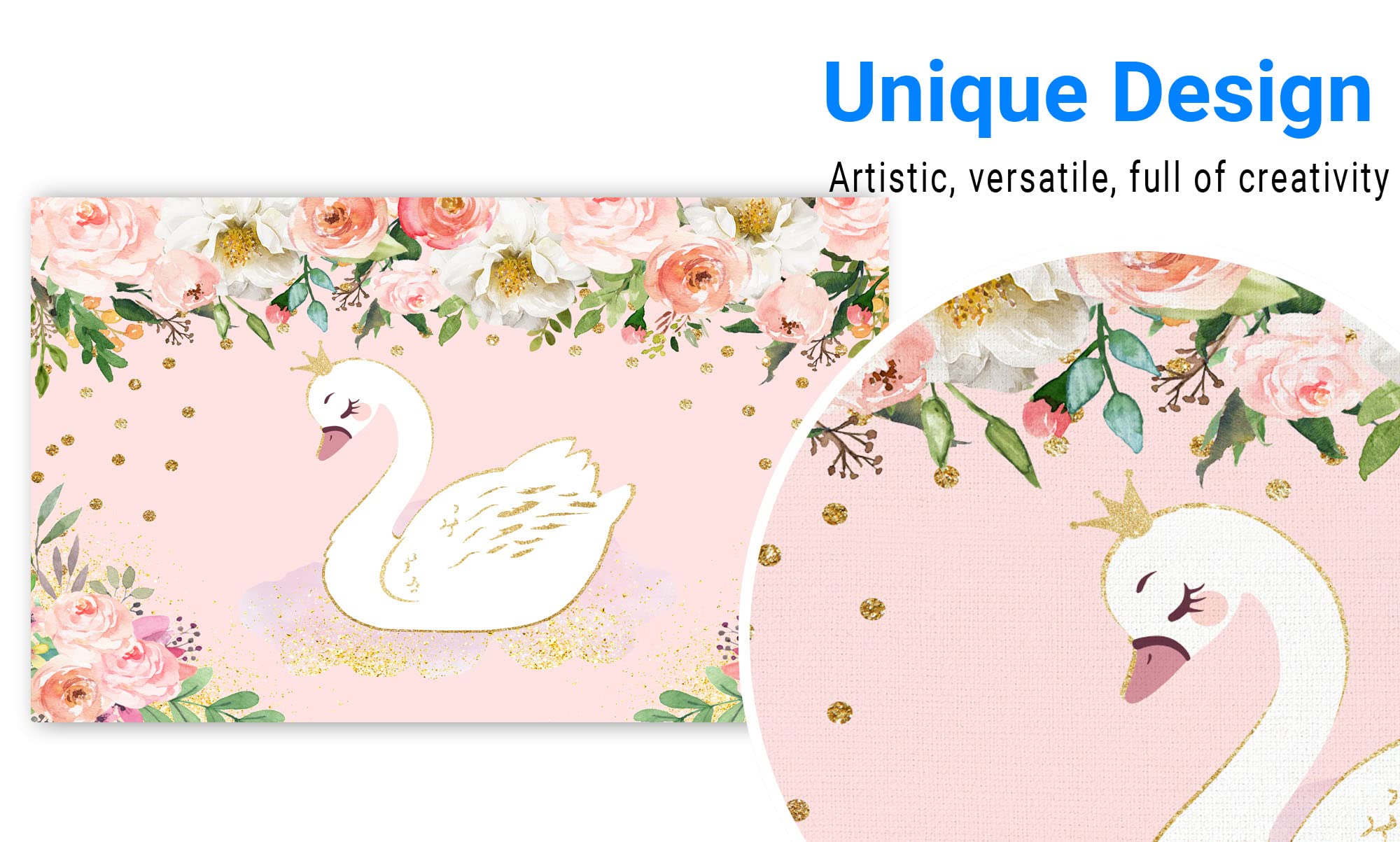 Funnytree White Swan Photography Backdrop for Birthday Baby Shower Party Decoration Pink Floral Gold Crown Background Photo Booth