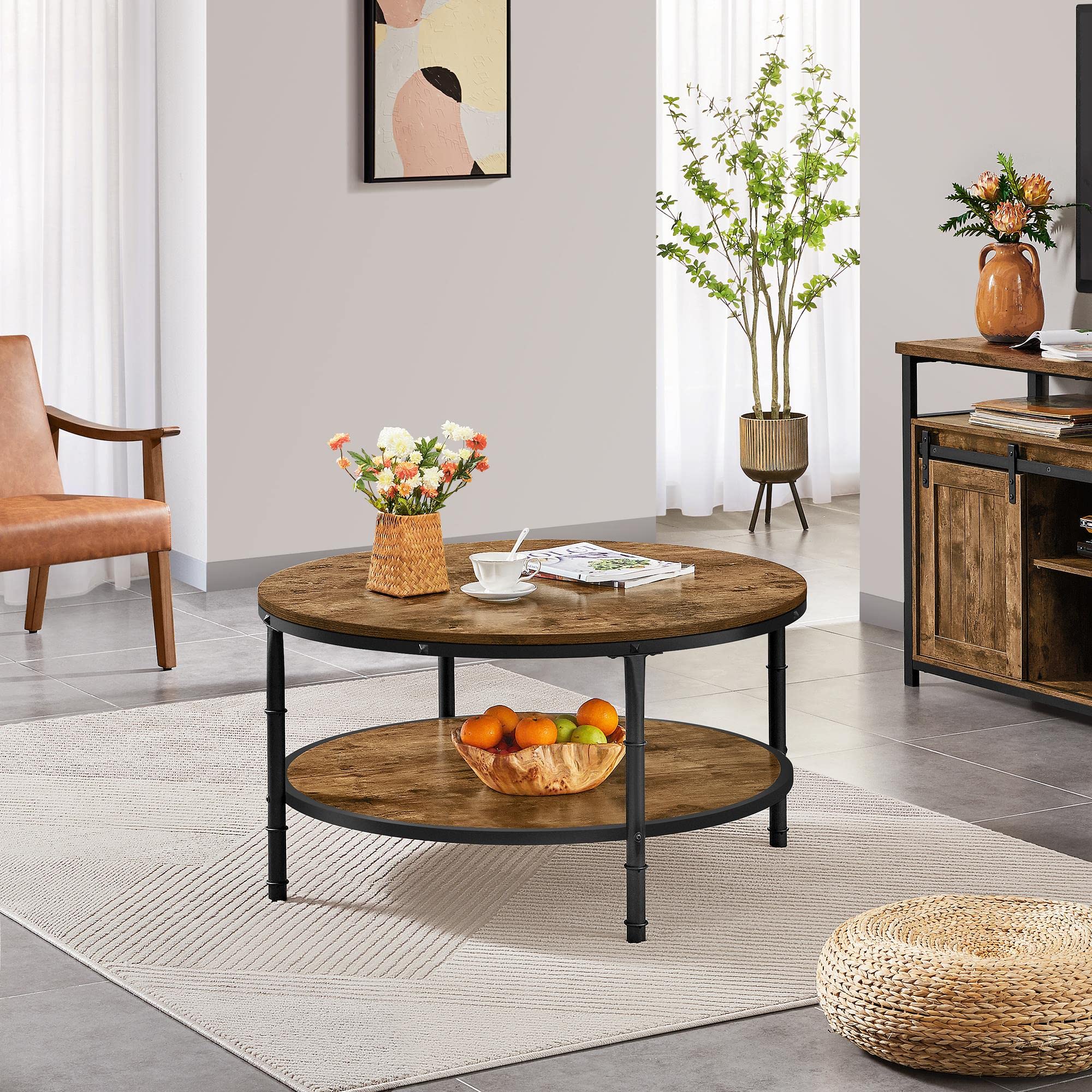 Yaheetech 35" Round Coffee Table for Living Room, 2-Tier Rustic Brown Wooden Coffee Table with Open Storage Shelf for Small Space, Apartment & Office