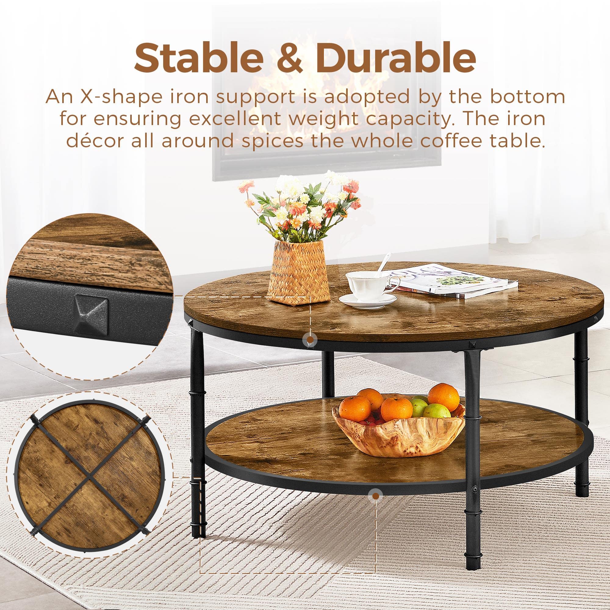 Yaheetech 35" Round Coffee Table for Living Room, 2-Tier Rustic Brown Wooden Coffee Table with Open Storage Shelf for Small Space, Apartment & Office
