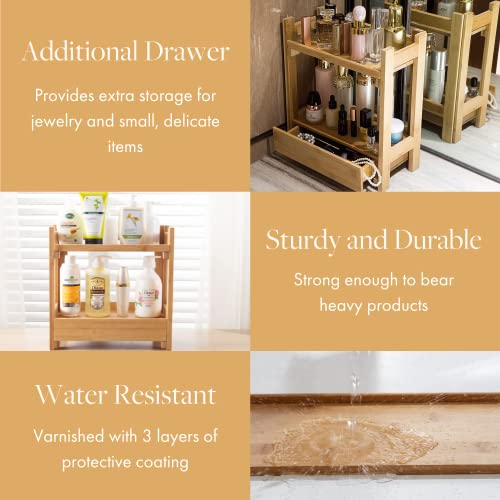 GOBAM Bathroom Counter Organizer Shelf Cosmetic and Vanity Perfume Organizer Shelf with Drawer, Easily Assembled Suitable for Mom or Wife, Bamboo
