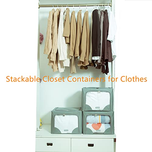 Tasmegol Stackable Steel Frame Clothes Storage Organizer Box Foldable Clear Window Closet Containers Oxford Cloth Clothing Bins for Sweater Bedding Blanket(Grey 2 Pack 40L)
