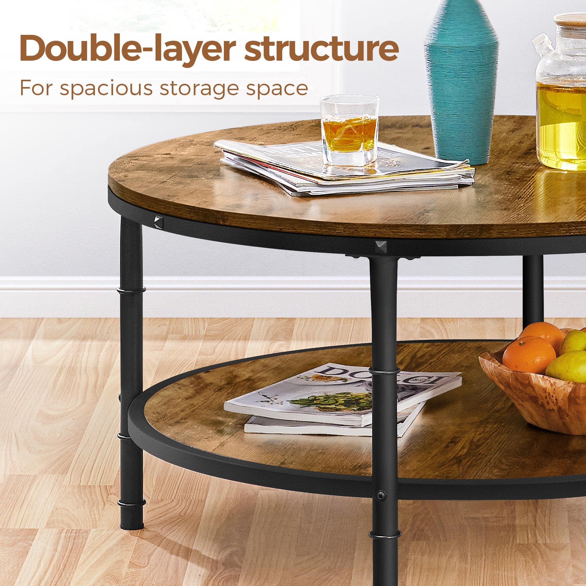 Yaheetech 35" Round Coffee Table for Living Room, 2-Tier Rustic Brown Wooden Coffee Table with Open Storage Shelf for Small Space, Apartment & Office