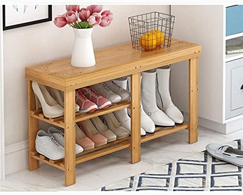 llibnn Bamboo Shoe Storage Bench Space Saving 2-Tier Standing Shoe Shelf Organiser Stand for Boots High Heels Sneakers