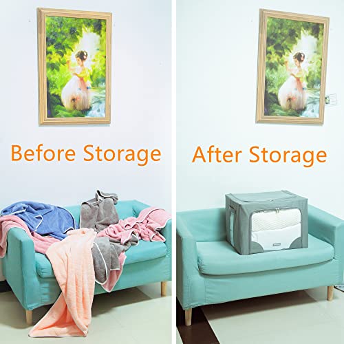Tasmegol Stackable Steel Frame Clothes Storage Organizer Box Foldable Clear Window Closet Containers Oxford Cloth Clothing Bins for Sweater Bedding Blanket(Grey 2 Pack 40L)