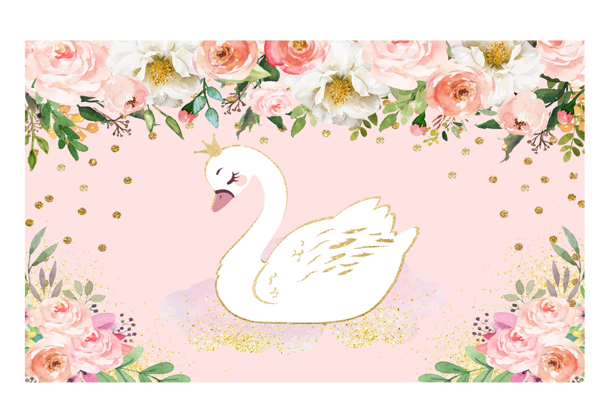 Funnytree White Swan Photography Backdrop for Birthday Baby Shower Party Decoration Pink Floral Gold Crown Background Photo Booth