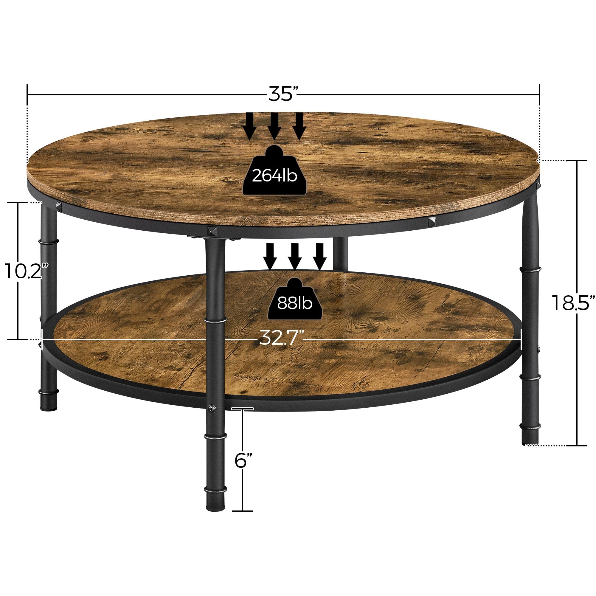 Yaheetech 35" Round Coffee Table for Living Room, 2-Tier Rustic Brown Wooden Coffee Table with Open Storage Shelf for Small Space, Apartment & Office