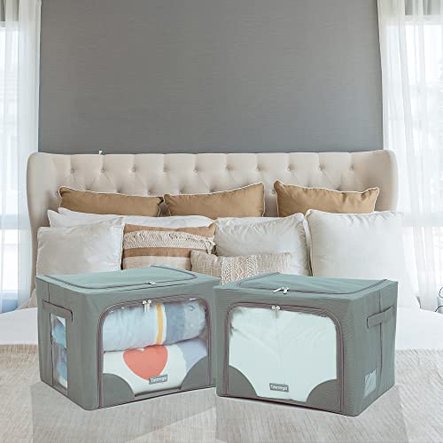 Tasmegol Stackable Steel Frame Clothes Storage Organizer Box Foldable Clear Window Closet Containers Oxford Cloth Clothing Bins for Sweater Bedding Blanket(Grey 2 Pack 40L)