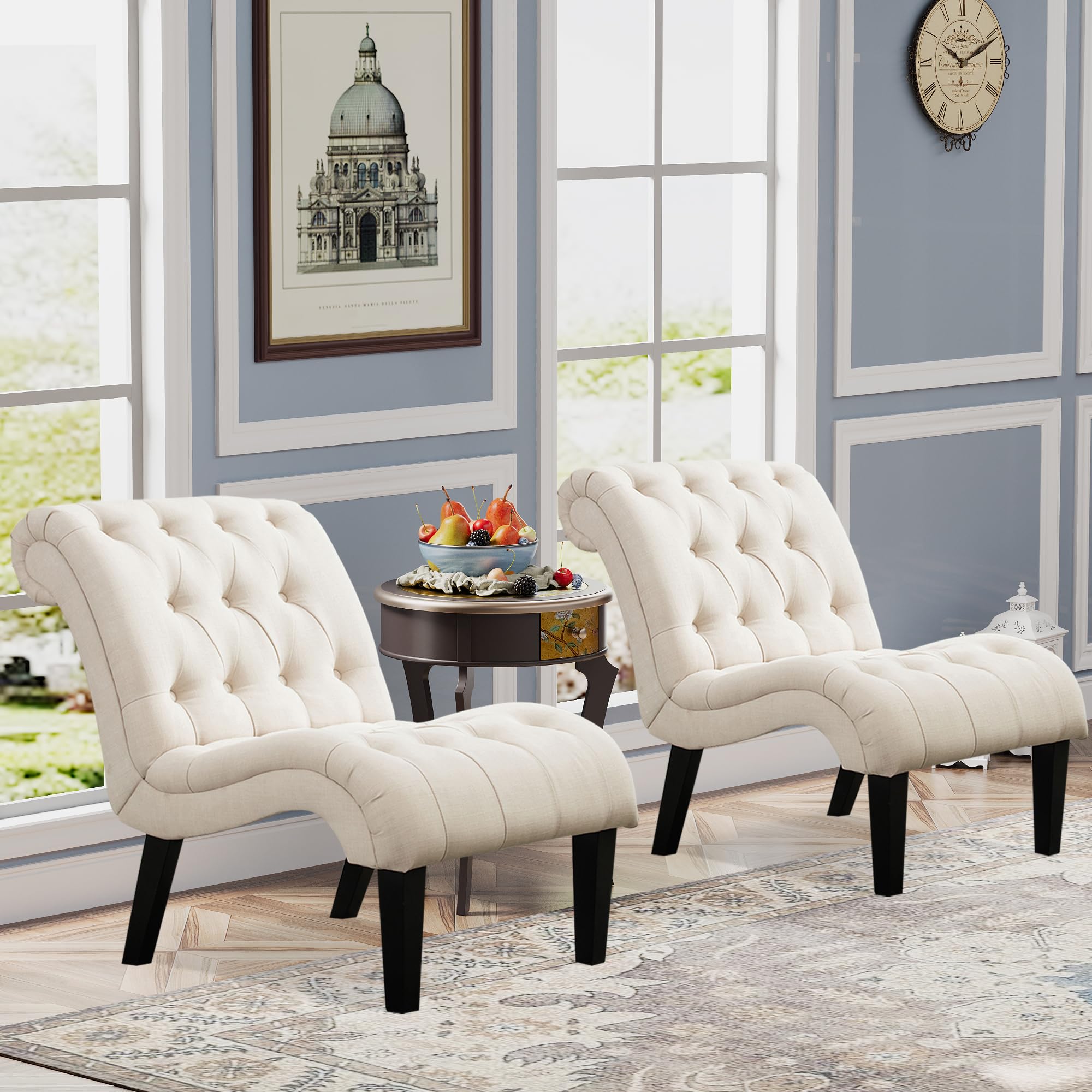 Yongqiang Accent Chairs for Living Room Set of 2 Upholstered Tufted Bedroom Chairs Curved Armless Side Chairs with Wood Legs Linen Fabric