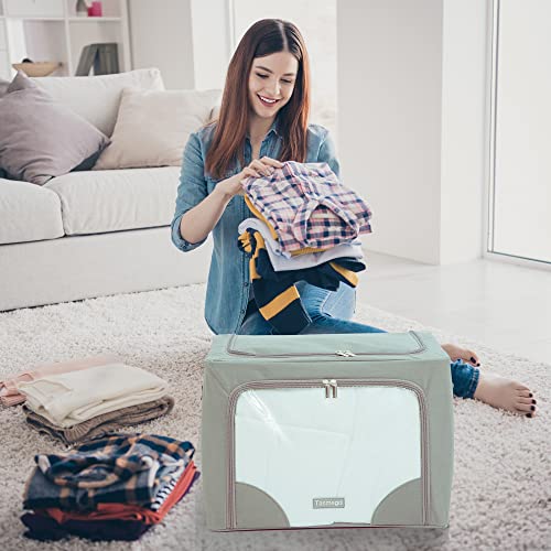 Tasmegol Stackable Steel Frame Clothes Storage Organizer Box Foldable Clear Window Closet Containers Oxford Cloth Clothing Bins for Sweater Bedding Blanket(Grey 2 Pack 40L)