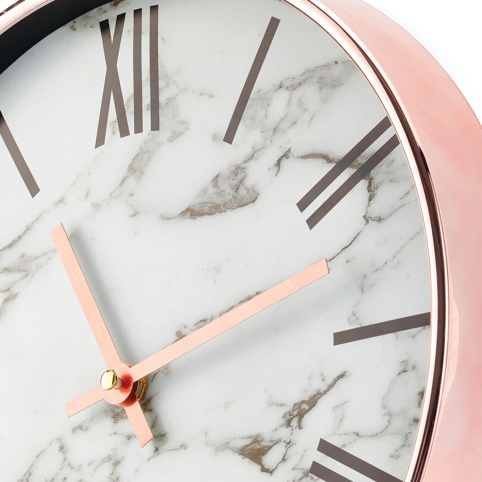 mDesign Modern Stylish Wall Clock for the Office, Bedroom, Kitchen, Bathroom, 11.5 Inch Diameter - Rose Gold Frame and Hands, Large Black Numbers on a Marble Background with a Clear Glass Cover