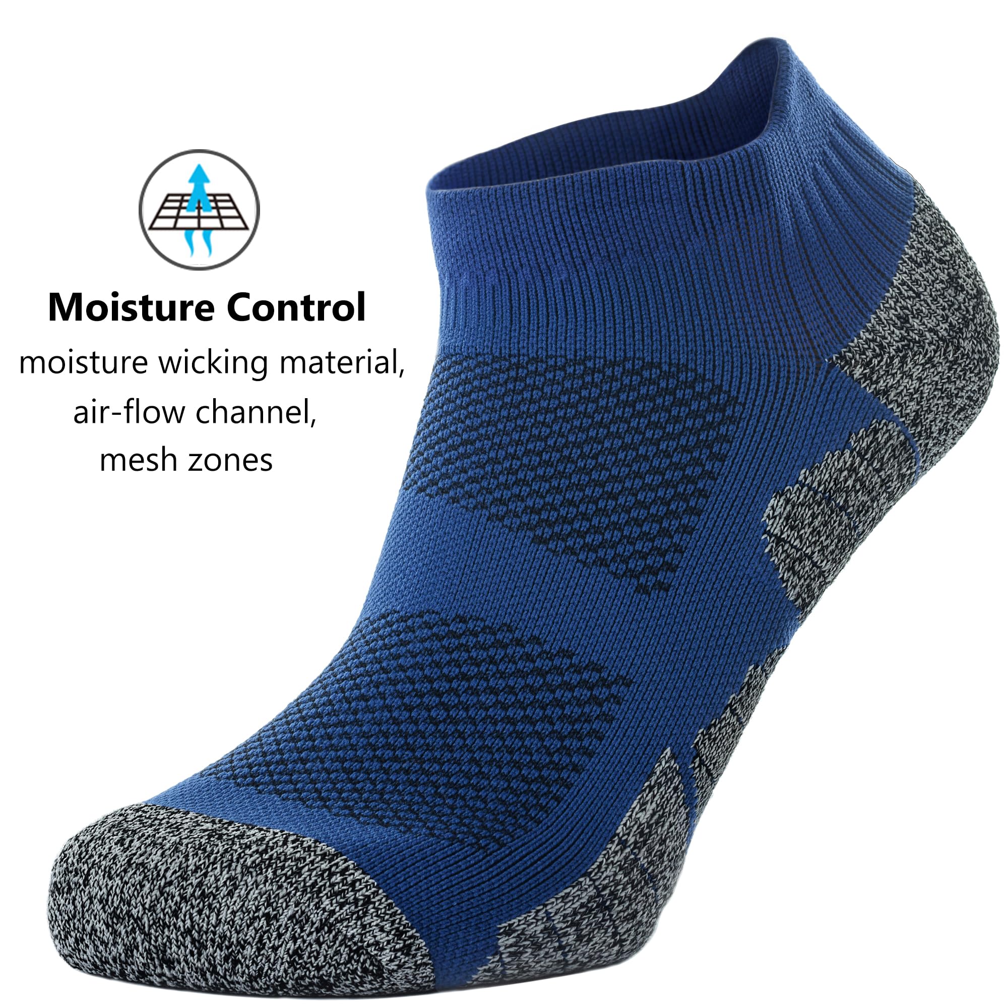 CWVLC Unisex Cushioned Compression Athletic Ankle Socks Multipack, 6-pairs Black Charcoal Royal, L 10.5-13 W US/ 9-11.5 M US